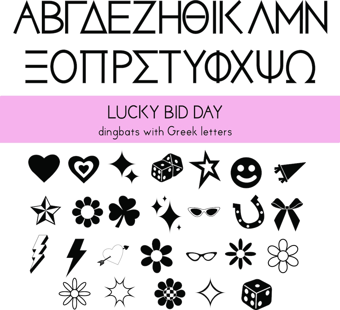 Lucky Icons, Greek Letters Dingbats Set – Icons, Clovers, Horseshoes ...