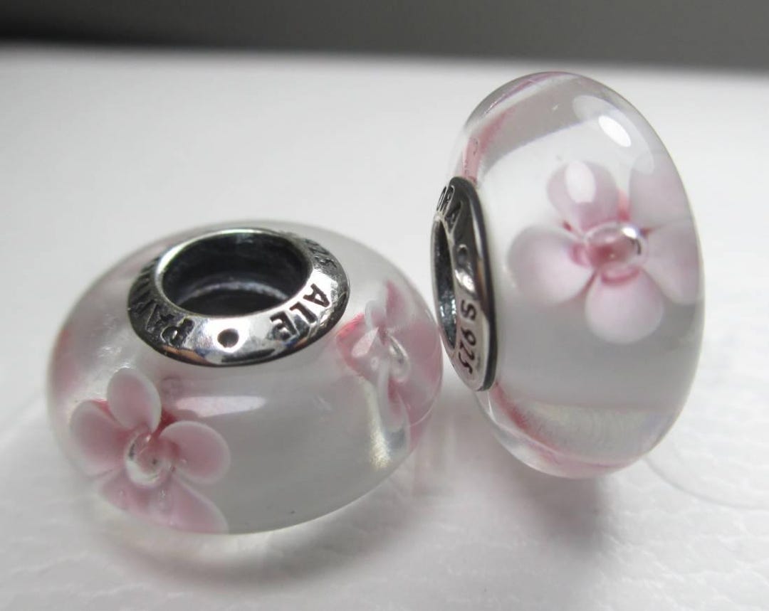 2 Pieces White Pink Cherry Blossom Spring Flowers, Pandora Murano Glass ...
