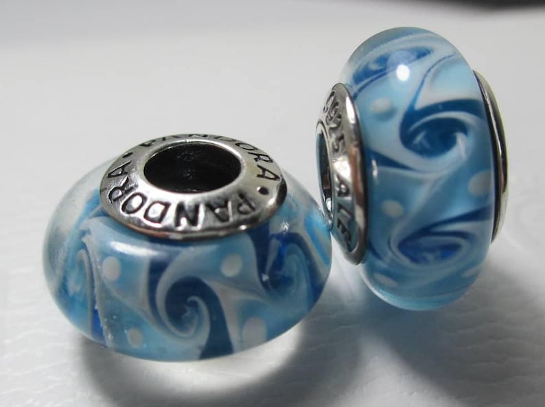 Set of 2, Aqua Blue Sea Wave Beach Art, Pandora Murano Glass Charms ...
