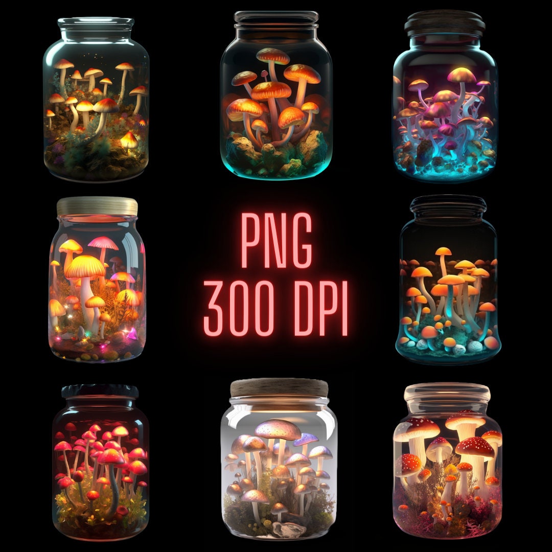 Magic Mushroom Jars Clipart, 8 Fantasy Jars Clipart, Neon Art ...