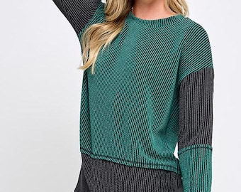 Blue Ribbed Lace Splicing Color Block Long Sleeve Top - Etsy