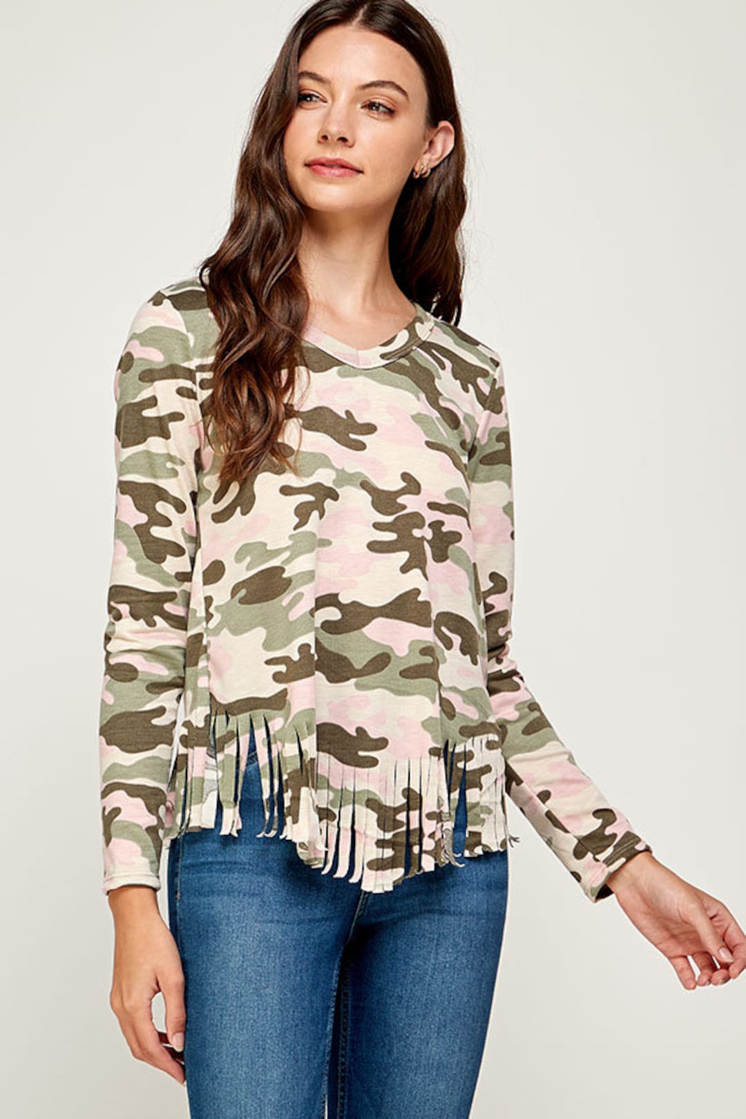Fringe Detail Camo Print Top, V Neckline Long Sleeve Print Top, Relax ...