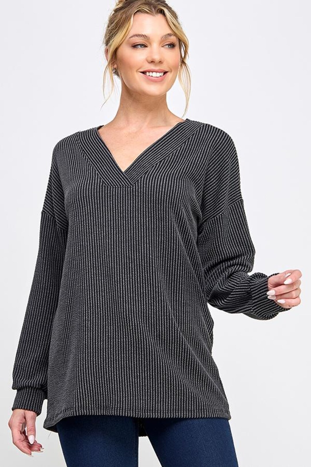 Two Tone Textured Curvy Knit V Neckline Drop Shoulder Long Sleeve With ...