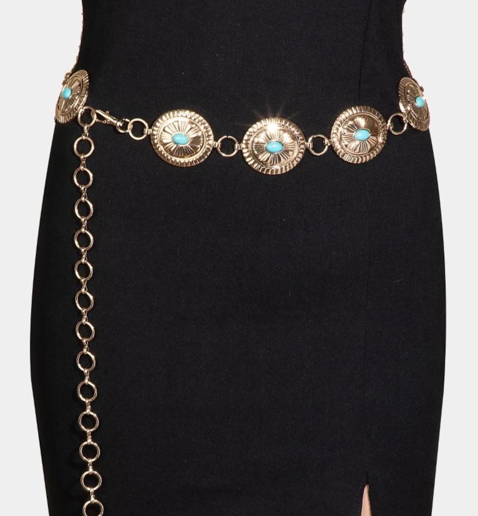 Oval Turquoise Concho Disc Style Chain Belt • Western Style Belt • Cow ...
