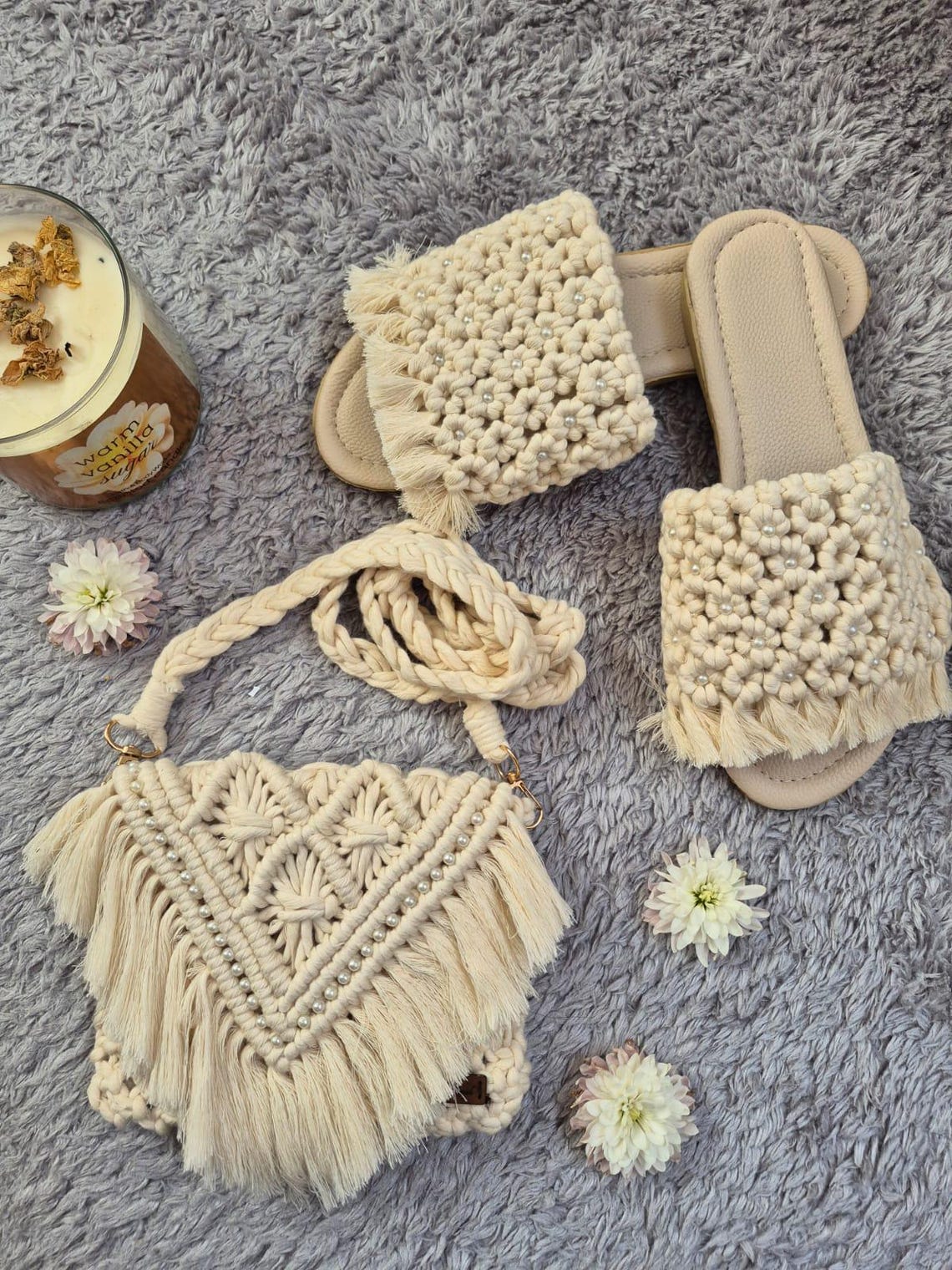 Handmade Macrame Summer Set – Boho Slippers and Matching Crossbody Bag ...
