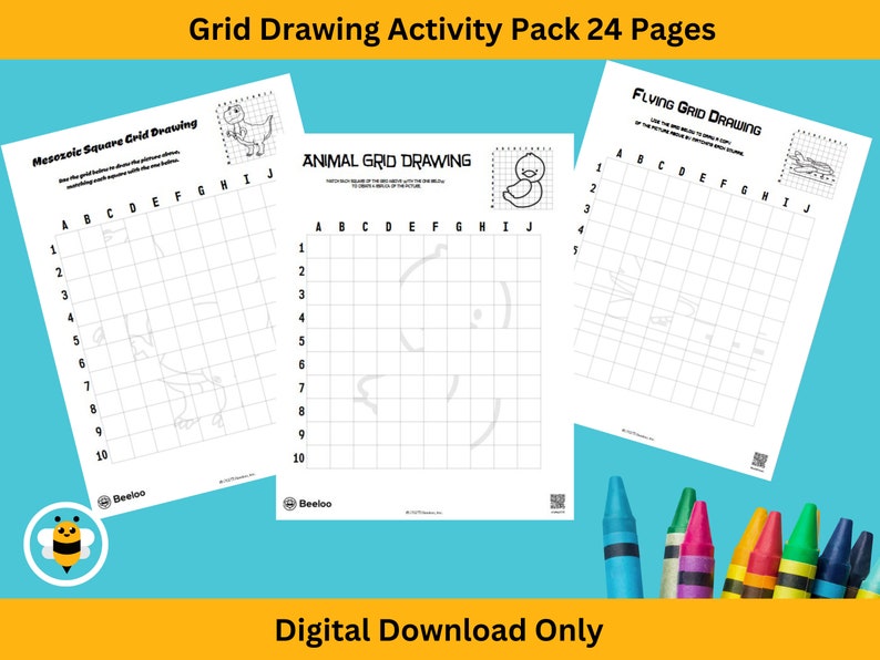 Kids Art Class Grid Drawing Printable Activity Pack for Kids Ages 7-9 ...