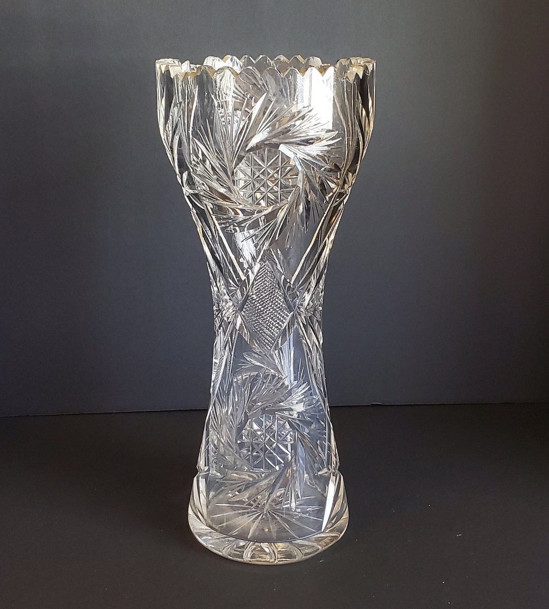 American Brilliant Period Cut Glass Corset 12" Vase With Pinwheel ...