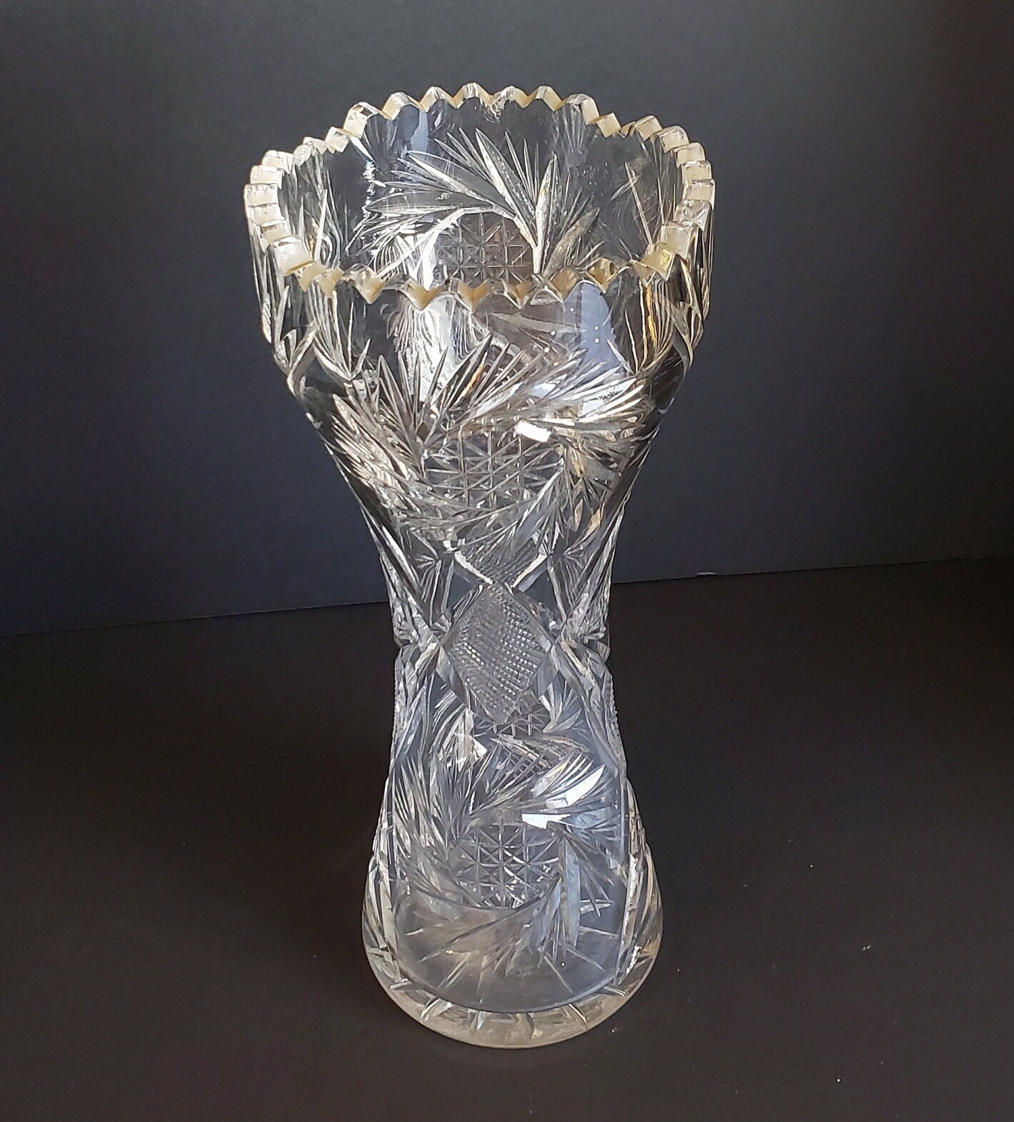 American Brilliant Period Cut Glass Corset 12" Vase With Pinwheel ...