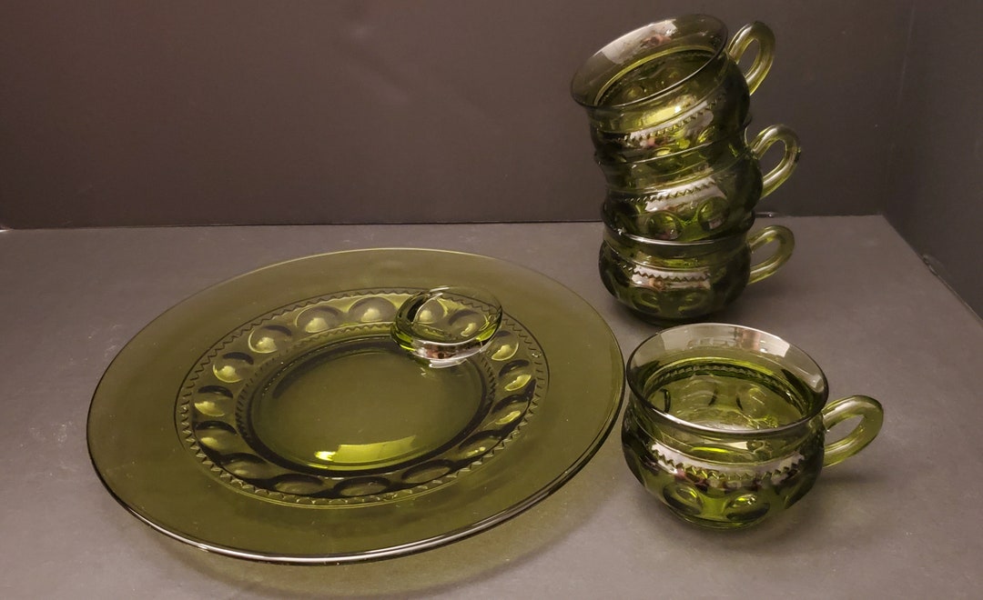 Vintage Green Glassware Set. Vintage Green Plate With Four Green Cups ...