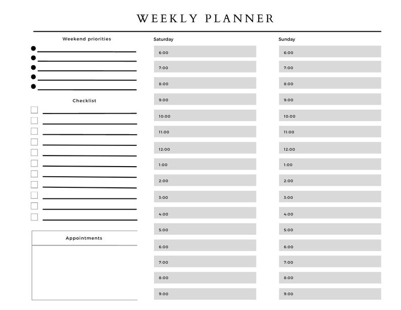 Weekly Planner Printable, Hourly Planner, Weekday and Weekend, Time ...