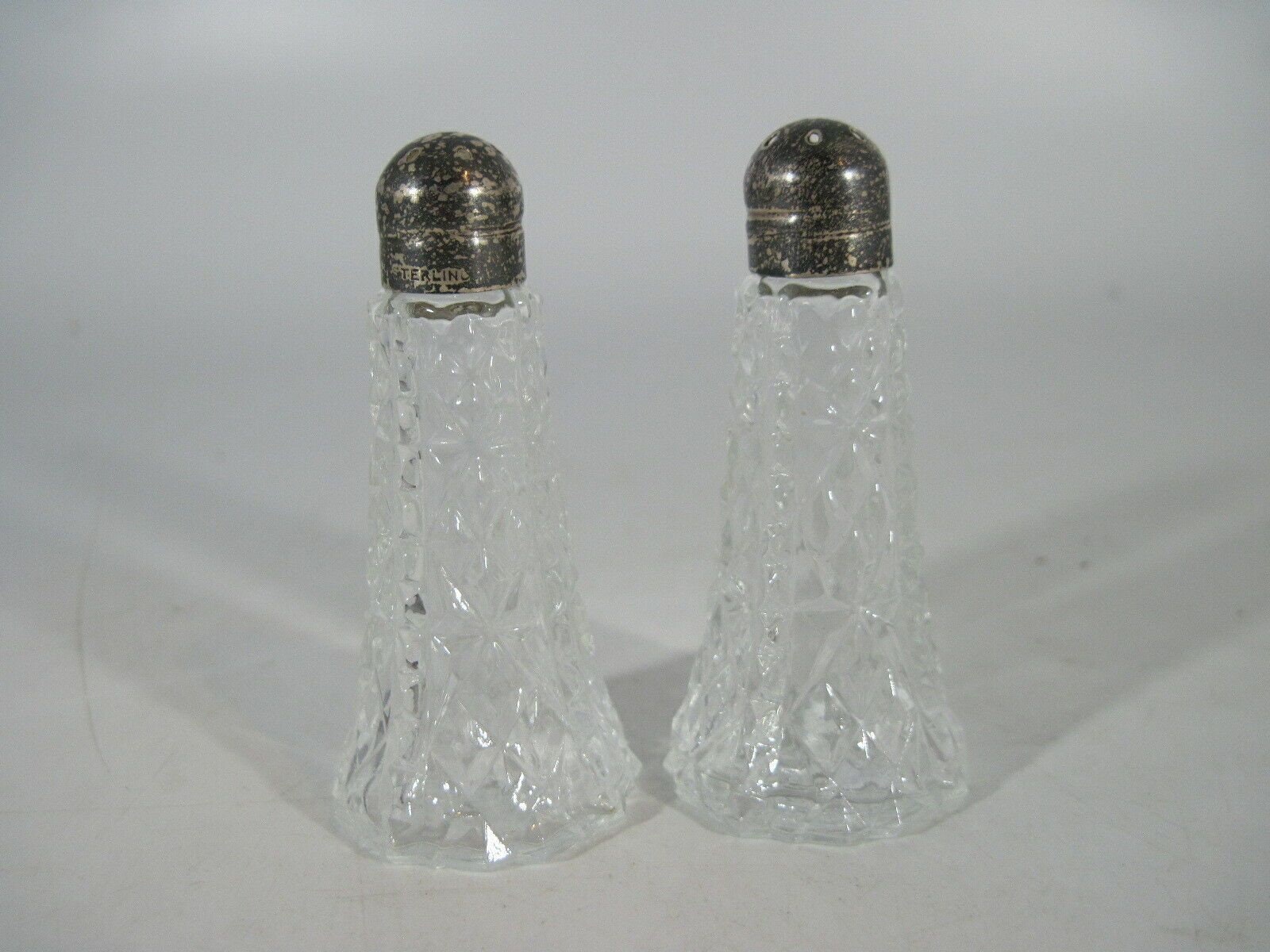 Vintage Cut Crystal Clear Glass Salt & Pepper Shakers Sterling Silver ...