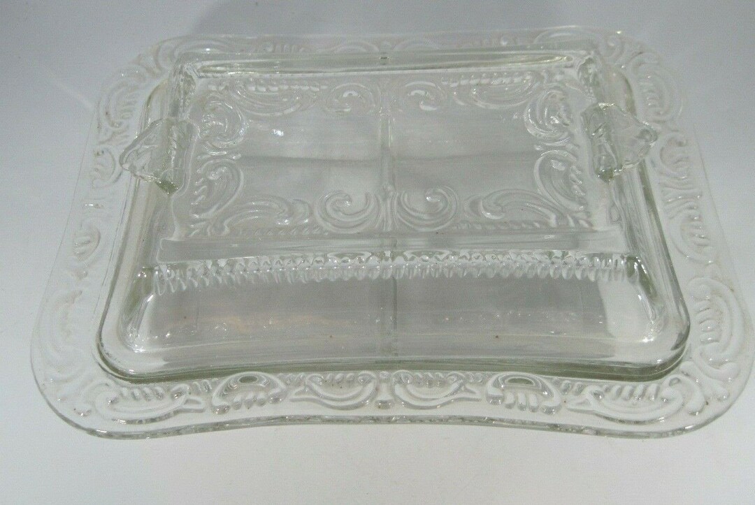 Antique 1890s Clear Glass Divided Covered Serving Dish, Elegant Raised ...