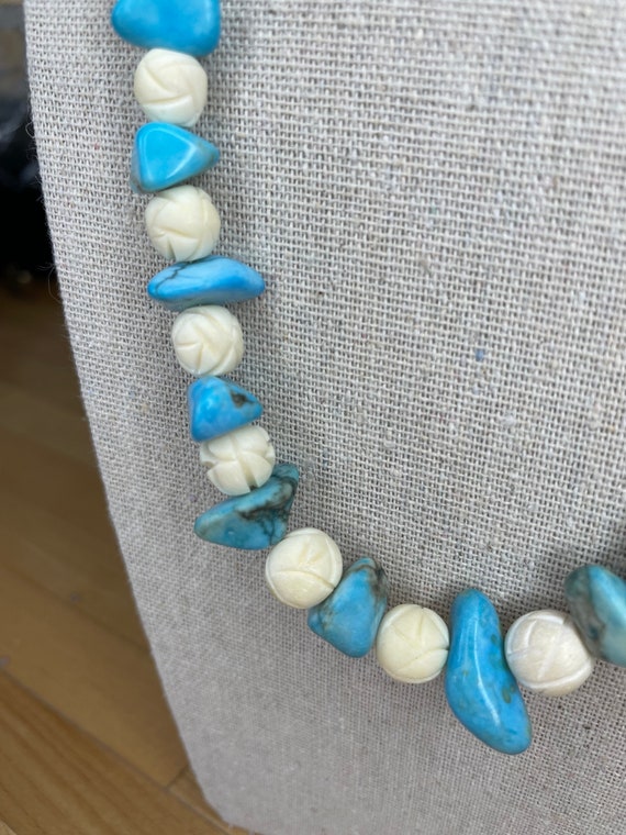Carved Bone and Turquoise Color Stone Bead Necklace -… - Gem