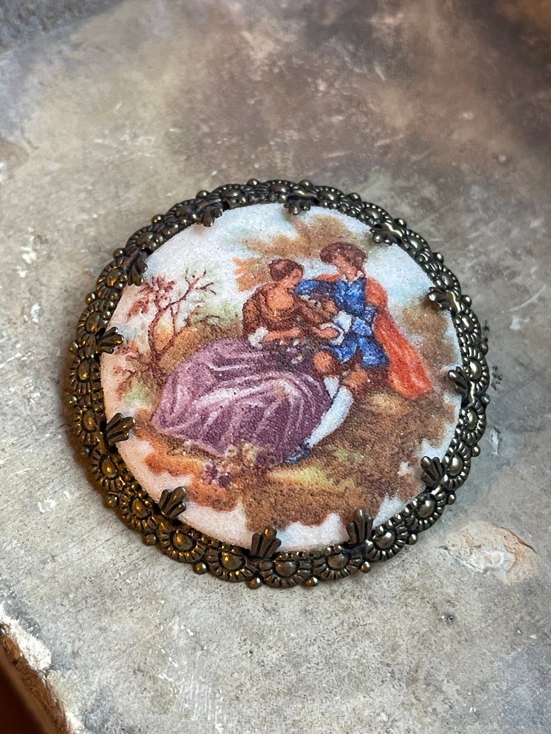 Vintage West Germany Sugared Glass Courting Couple Brooch With Ornate ...