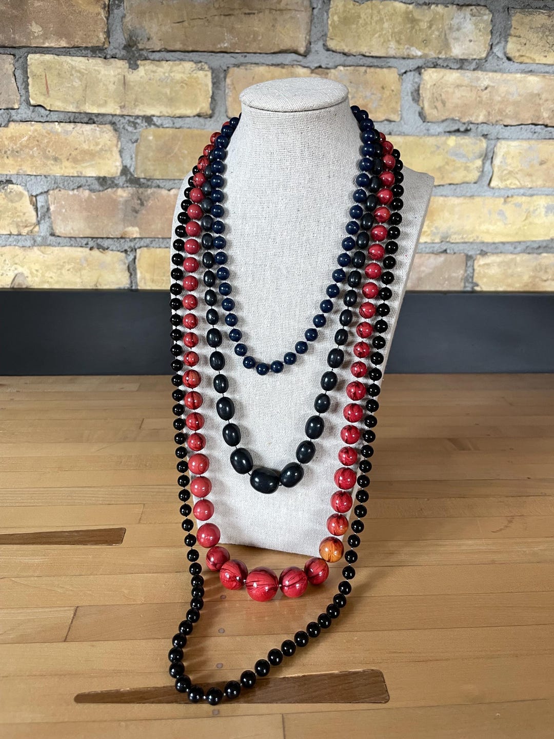 Lot of Four Vintage Molded-on-string Bead Necklaces in Brick Red, Navy ...