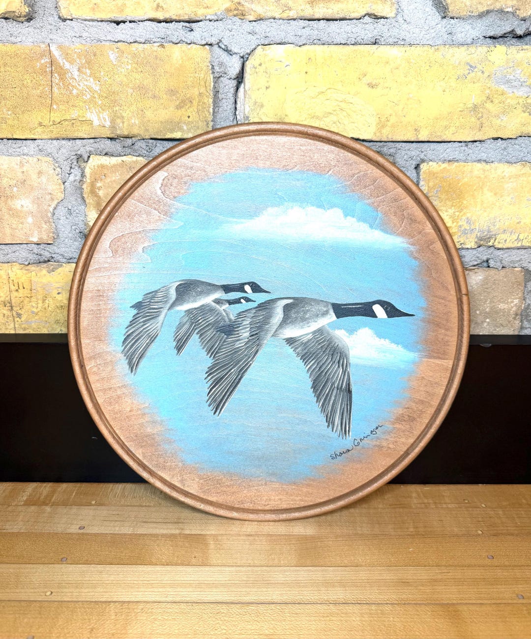 Vintage Hand Painted Wooden Plate by Sharon Grinager - Flying Geese ...