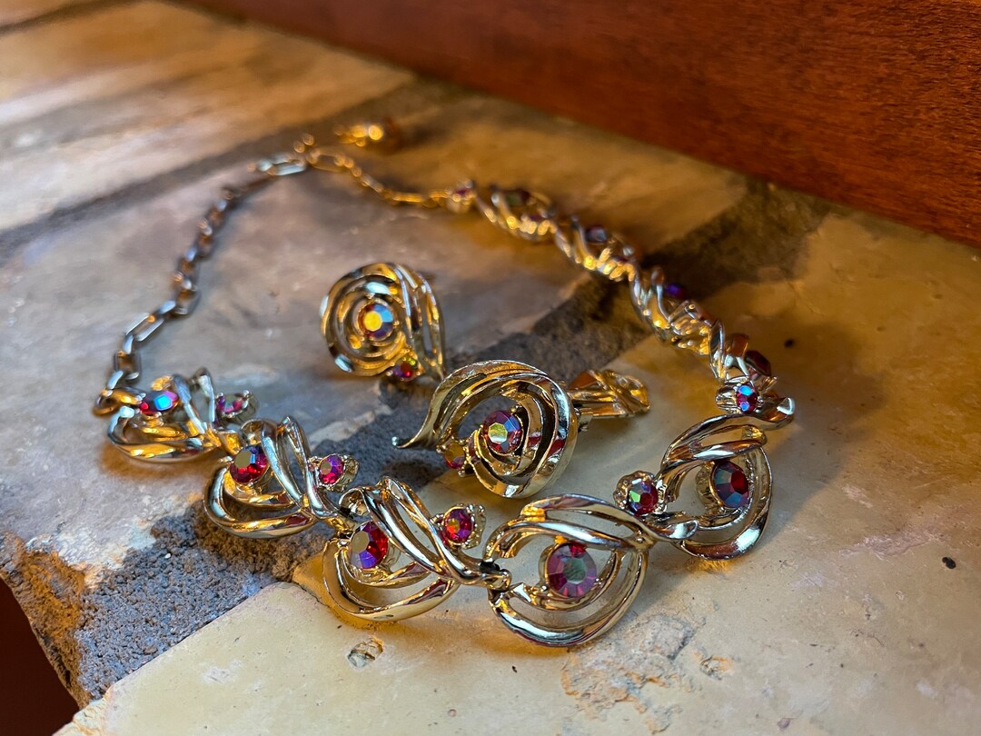 Vintage Signed Pakula Gold Tone and Red AB Auora Borealis - Etsy