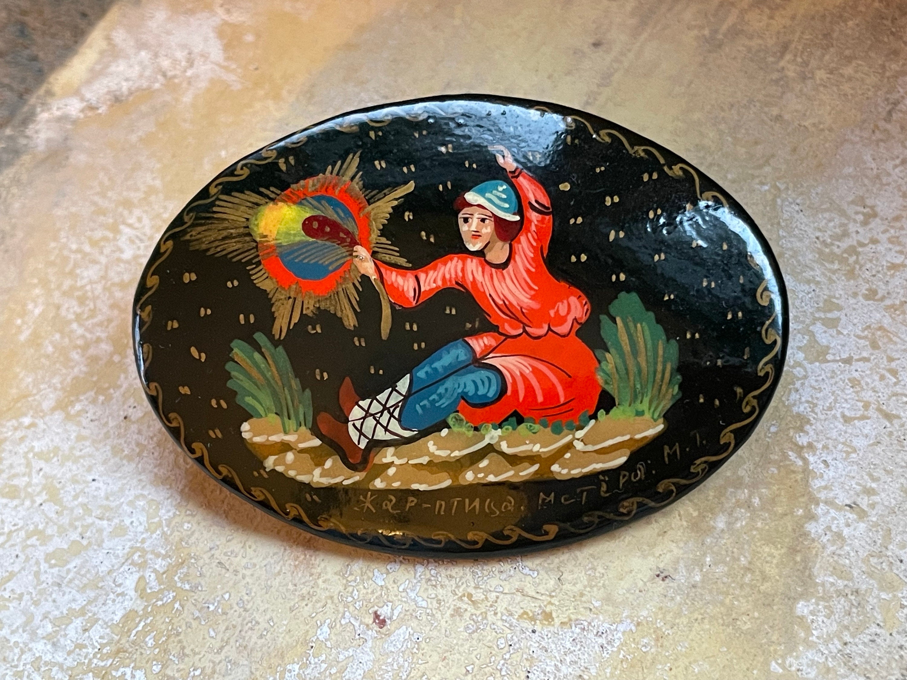 Vintage Russian Lacquer Palekh Hand Painted Brooch - Man and Comet ...