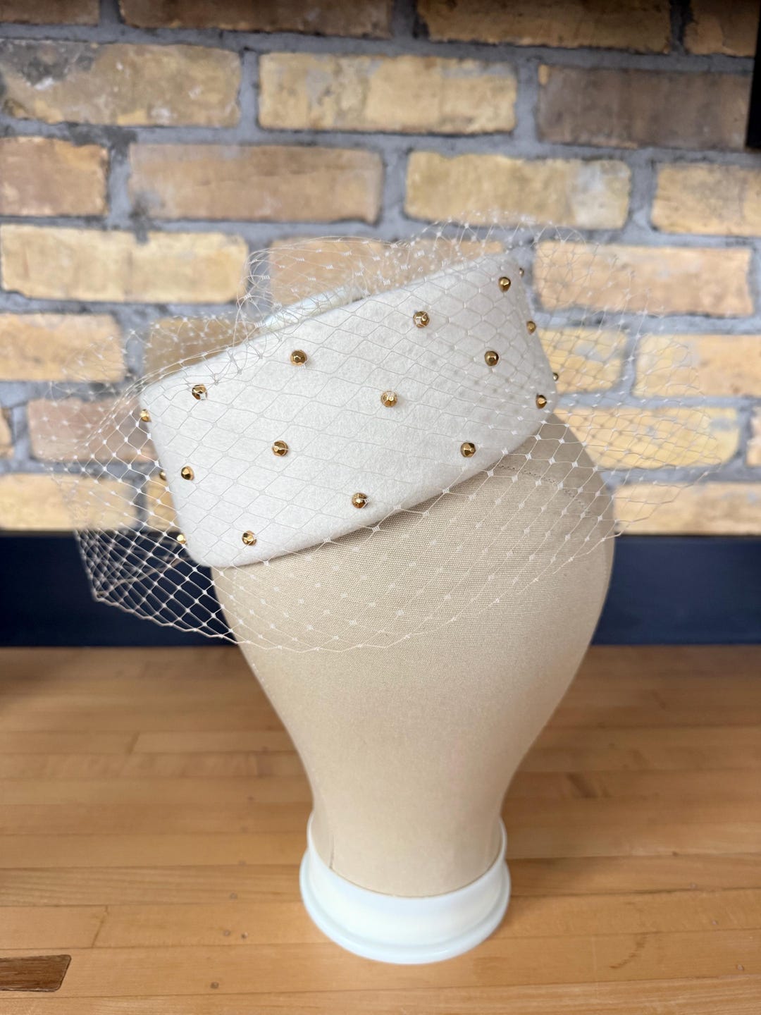 1960s Ivory Wool Women’s Hat With Veil and Gold Accents - Linda Farrell ...