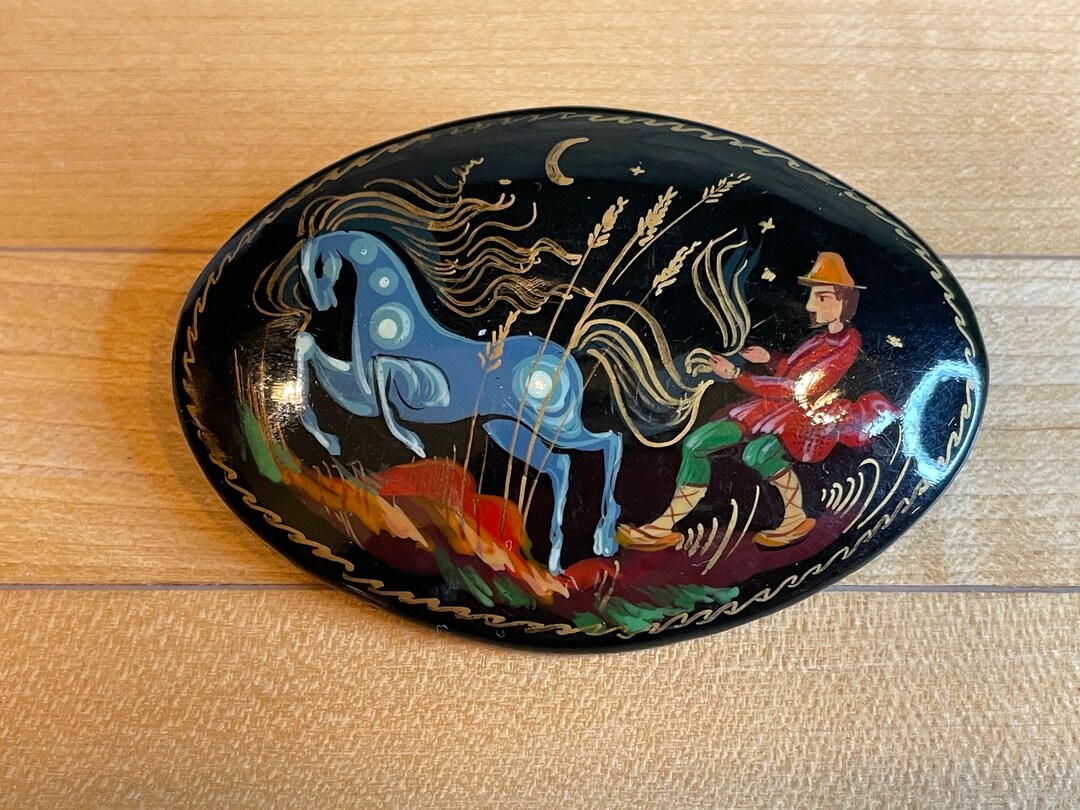 Vintage Russian Lacquer Palekh Hand Painted Brooch - Blue Horse and ...