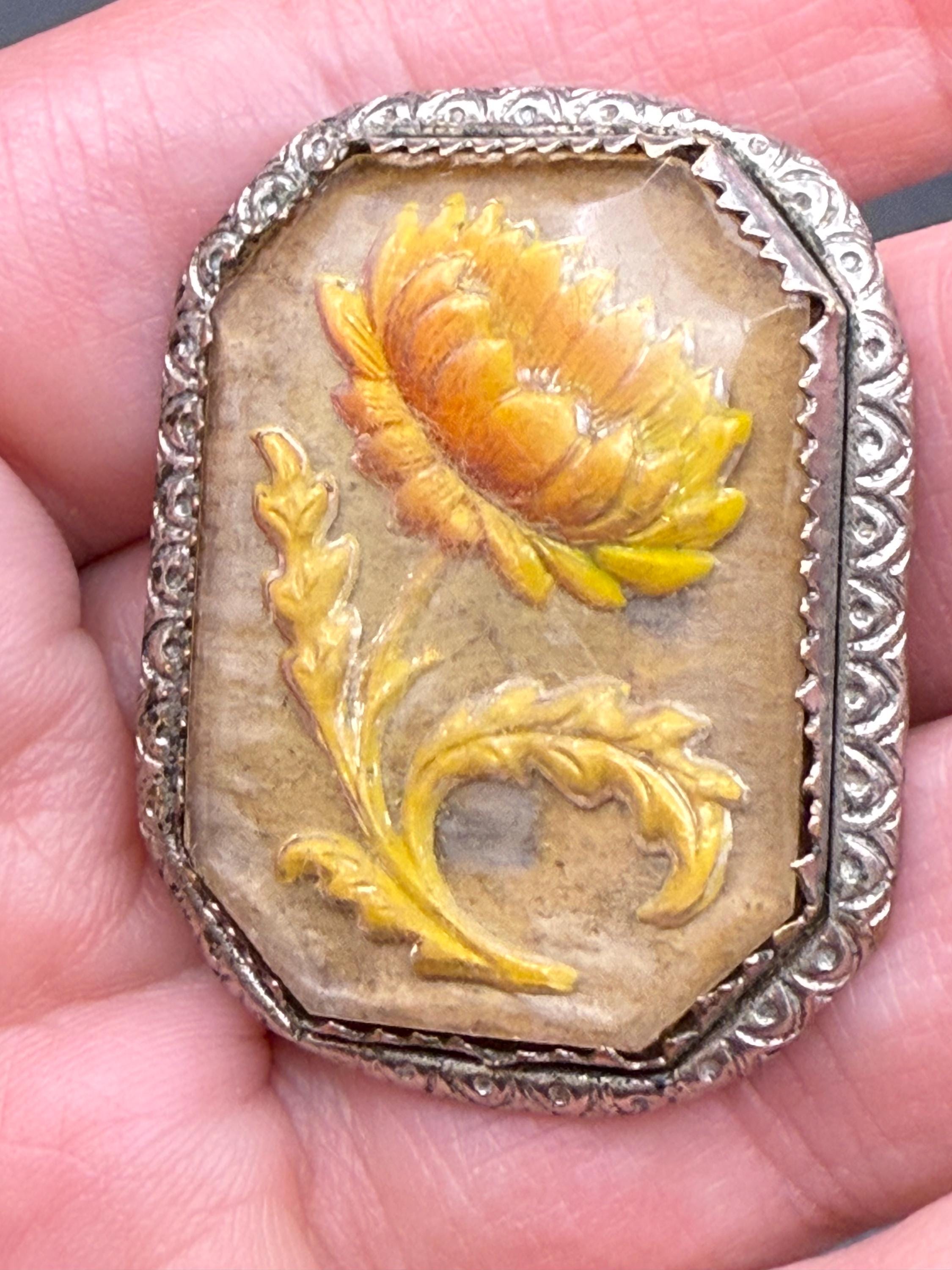 Vintage / Antique Goofus Glass Reverse Painted Flower Intanglio Brooch ...