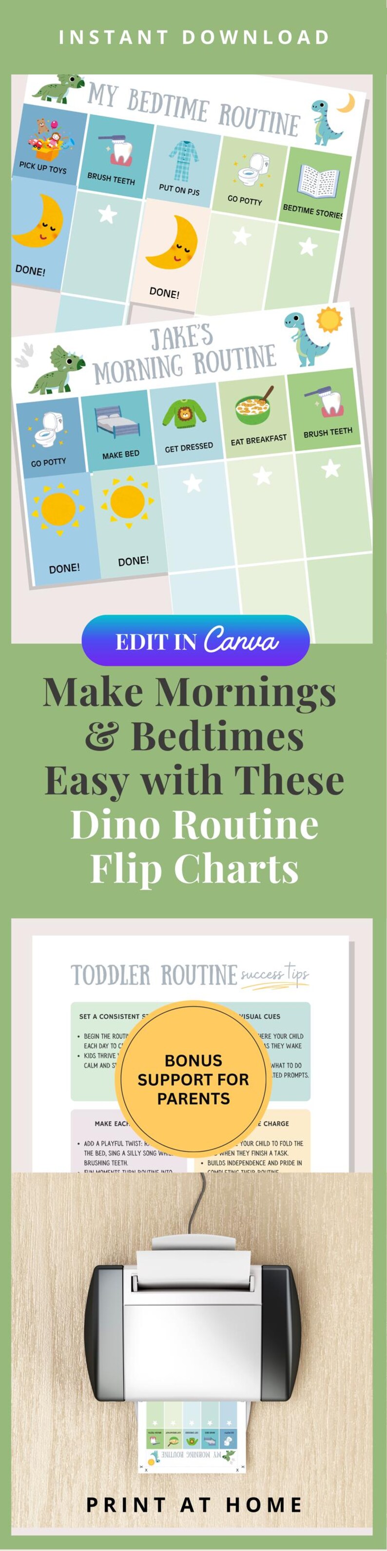 Daily Routine Chart Printable for Kids Dinosaur Morning Bedtime ...