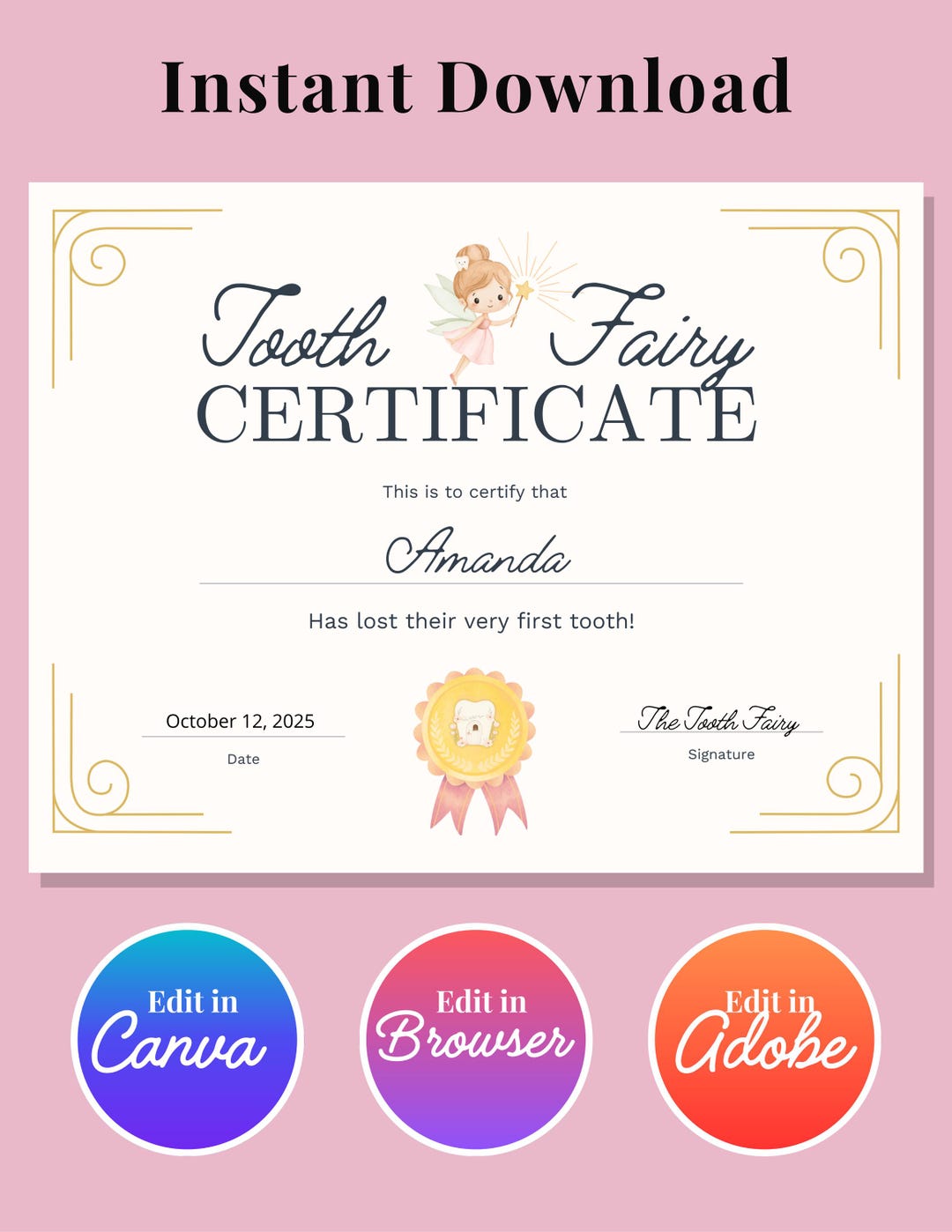 Tooth Fairy Certificate Printable Editable Pdf for Kids First Lost ...