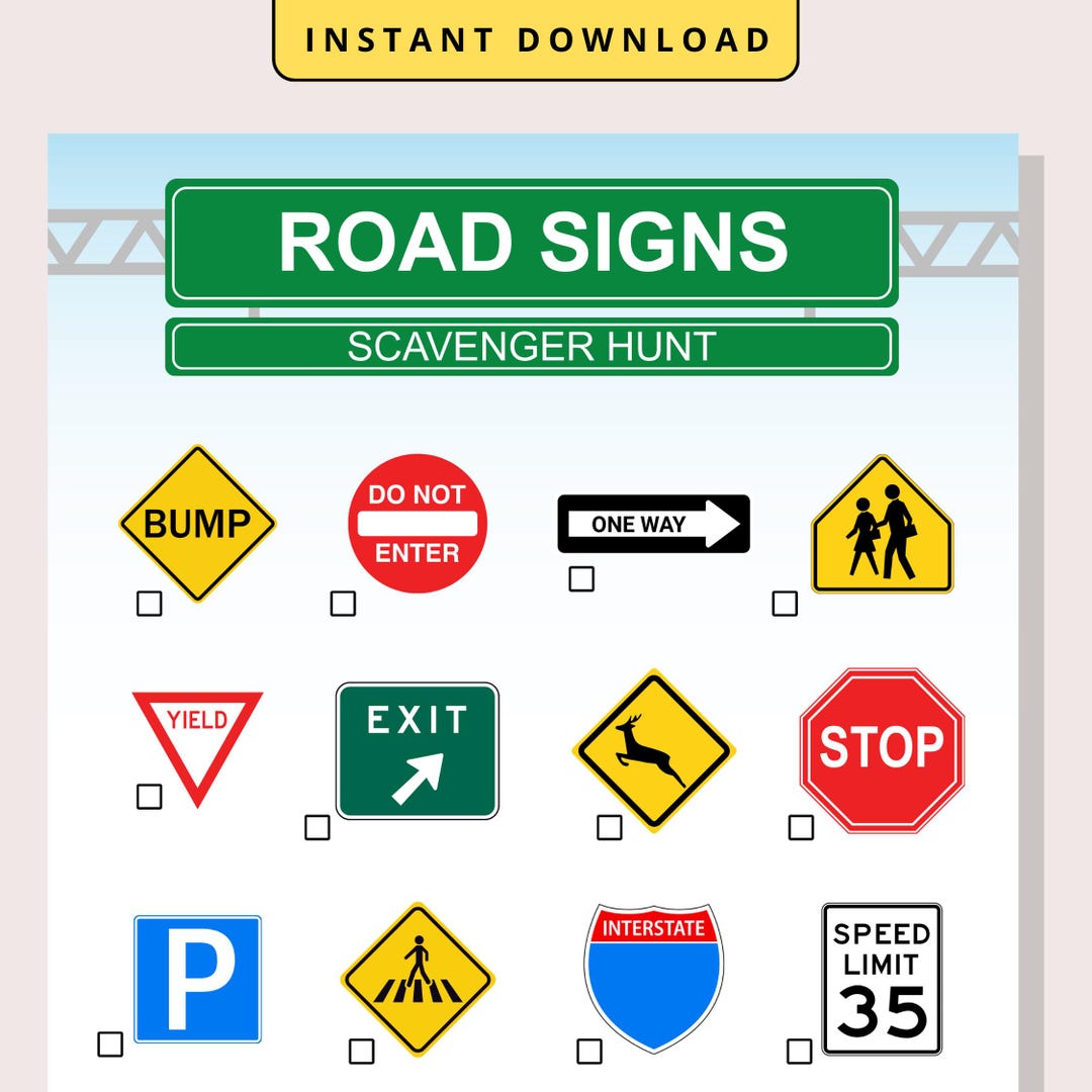 Road Sign Scavenger Hunt Printable for Kids Road Trip Travel Game Car ...