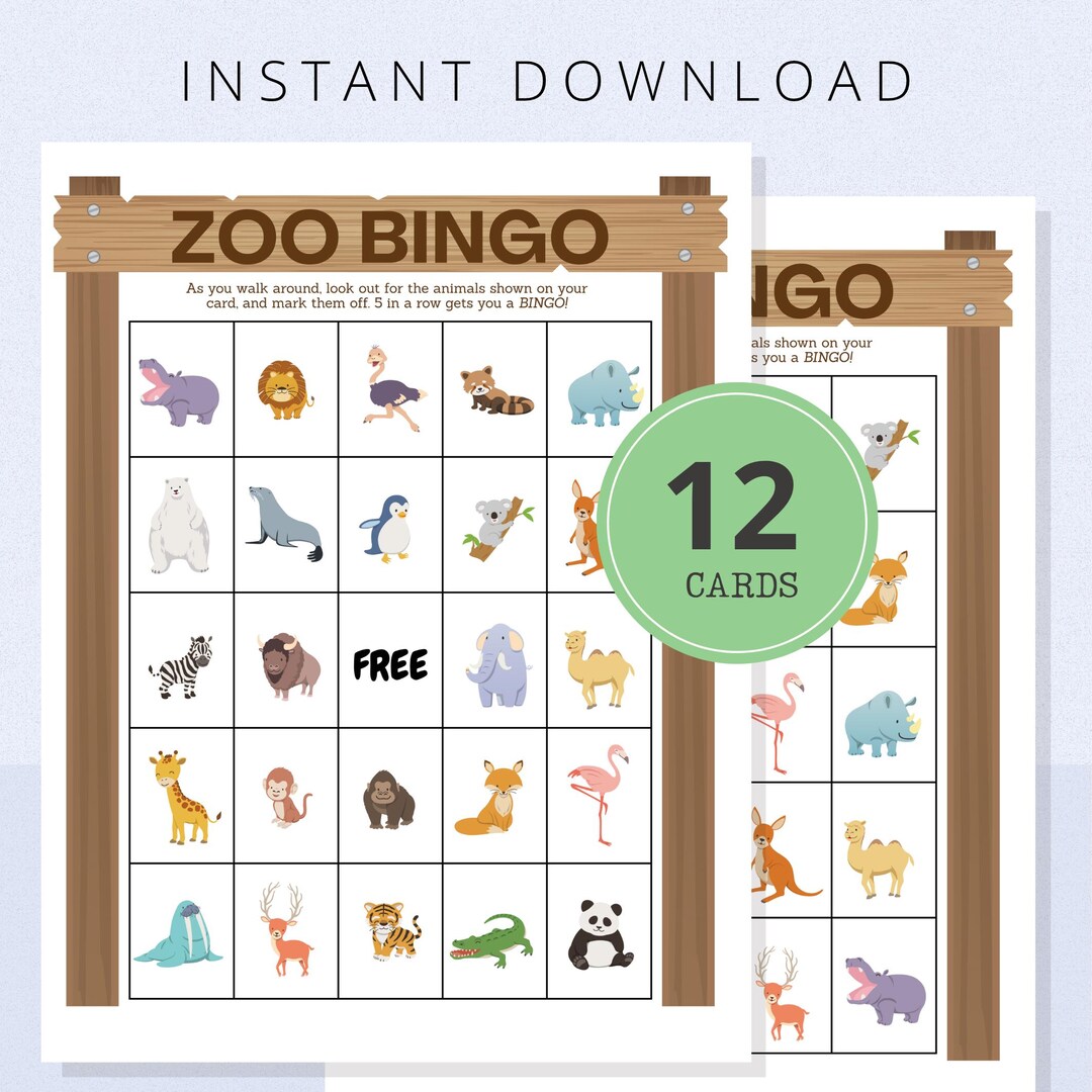 Zoo Bingo Printable Game Animal Scavenger Hunt 12 Unique Game Cards for ...