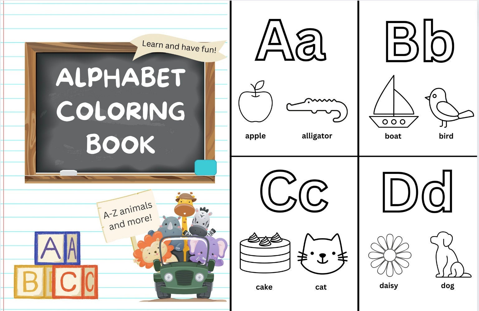 Printable Alphabet Coloring Pages for Kids A-Z Animals Cat, Dog, Llama ...