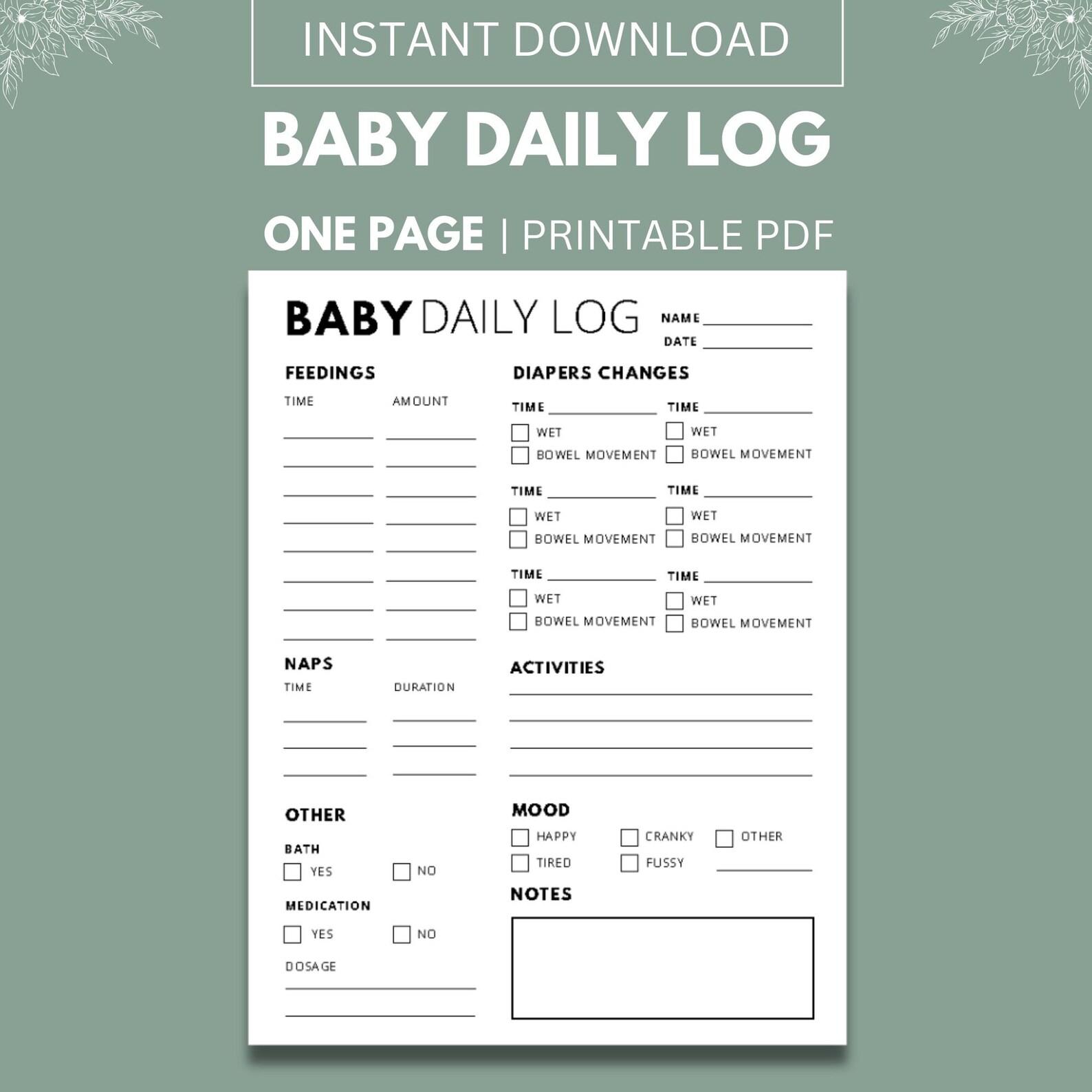 Infant Daily Log Printable, Baby Daily Log Template, Baby Care Tracker ...