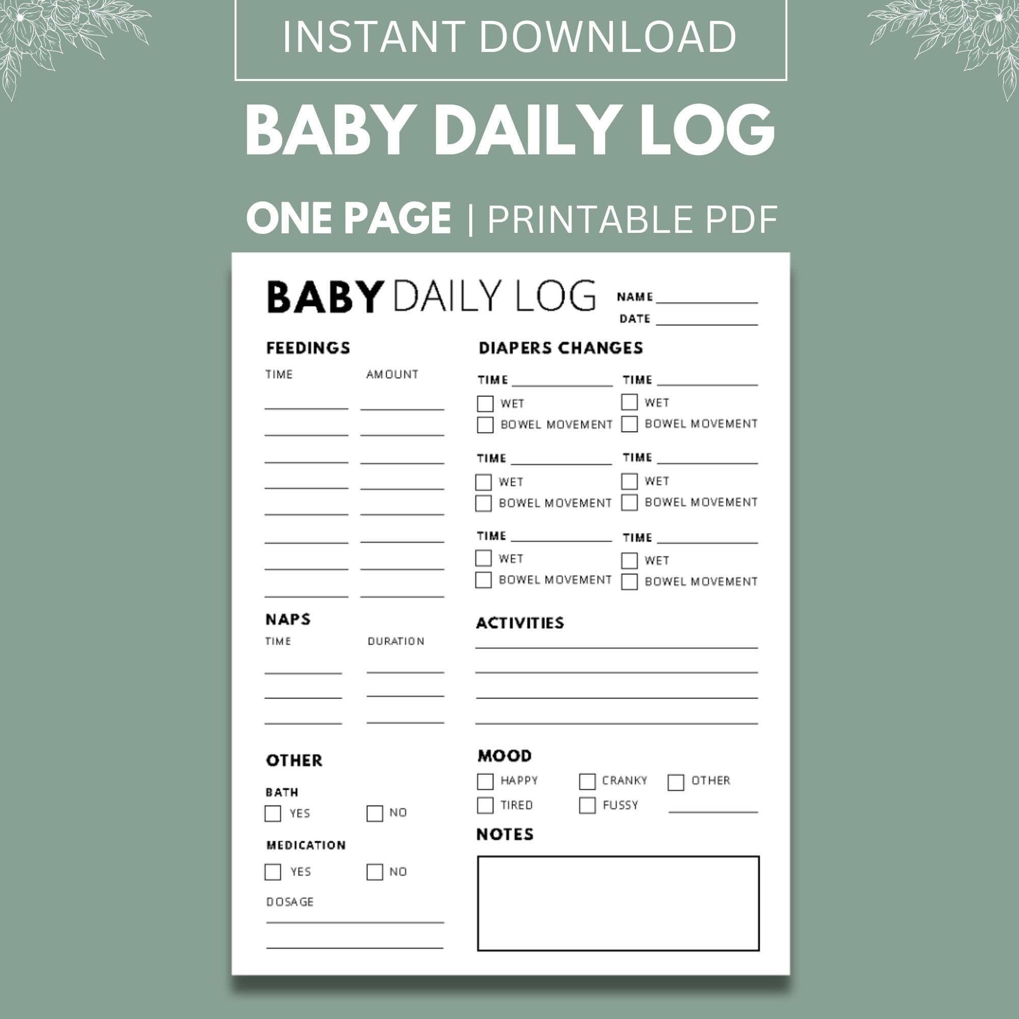 Infant Daily Log Printable, Baby Daily Log Template, Baby Care Tracker ...