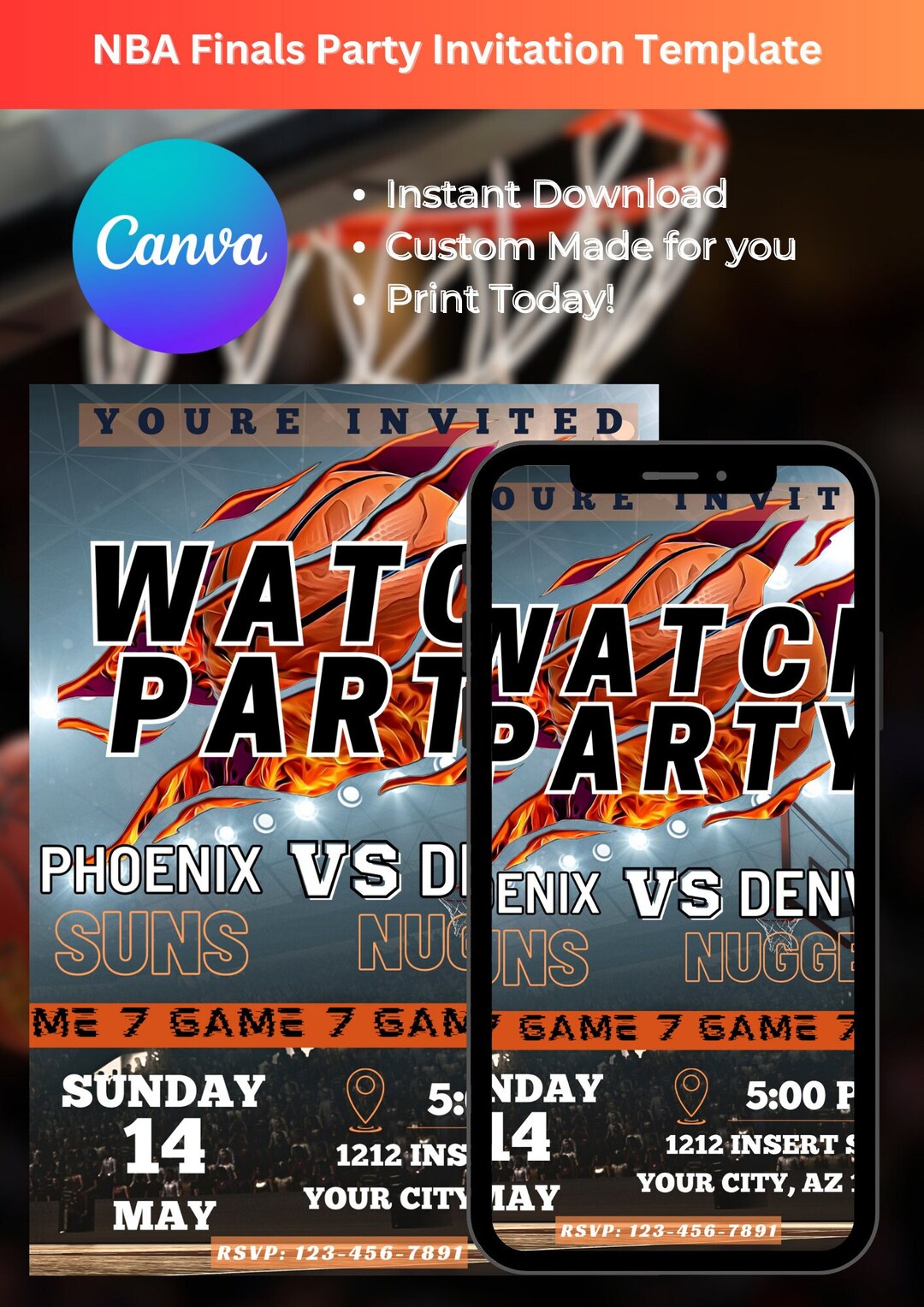 2023 NBA Finals Party Invitation, Game 7 Suns Vs. Nuggets Party Digital ...