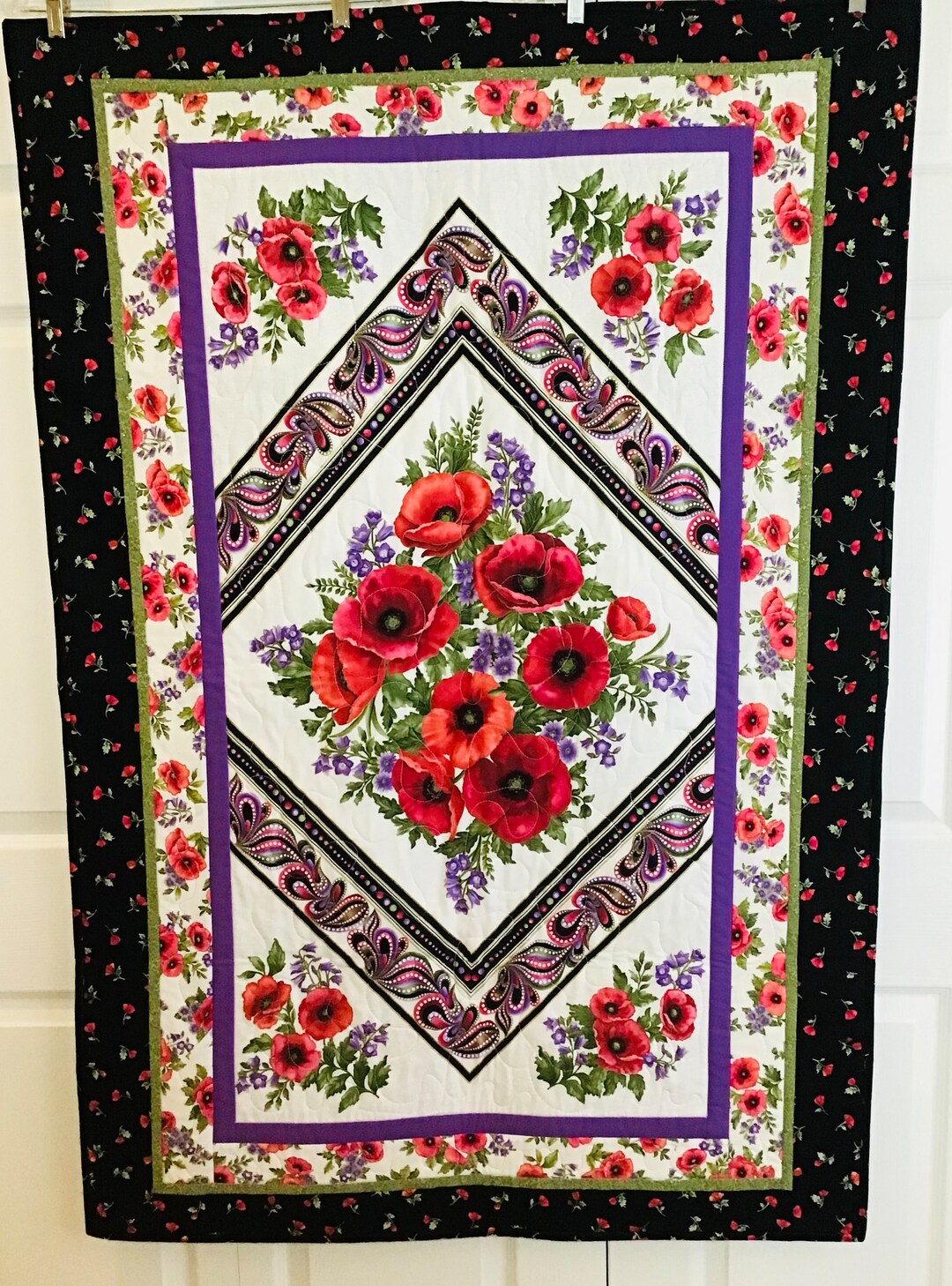 Red Poppies and Foliage Lap Quilt or Wall Hanging 36”x53” - Handmade ...