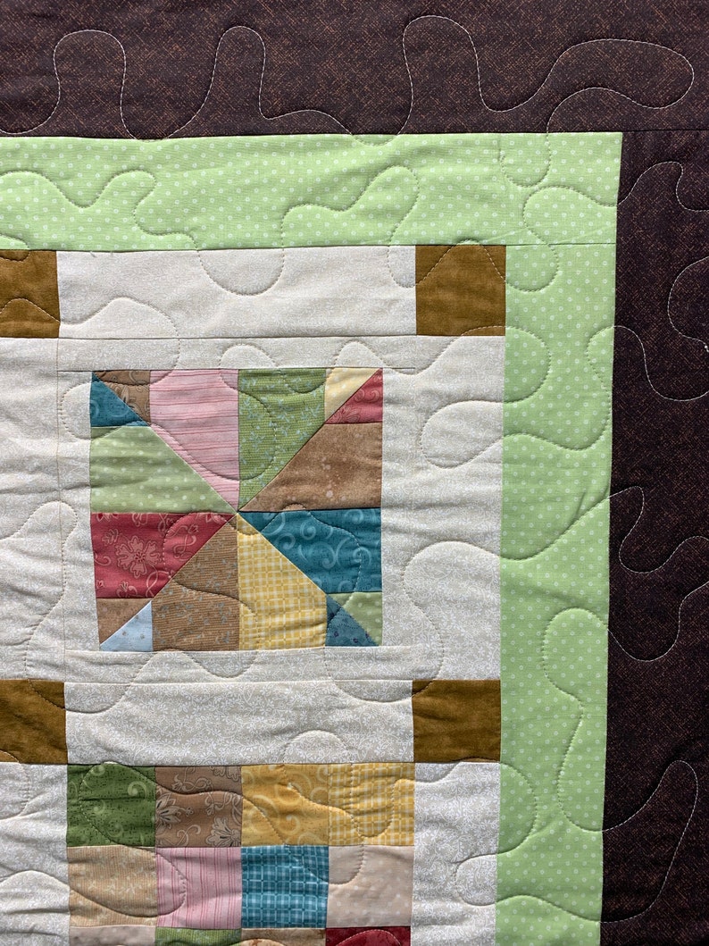 6 Patch Small Quilt - Brown, Green, Blue, Ivory, Yellow, Pink - 33”x43 ...