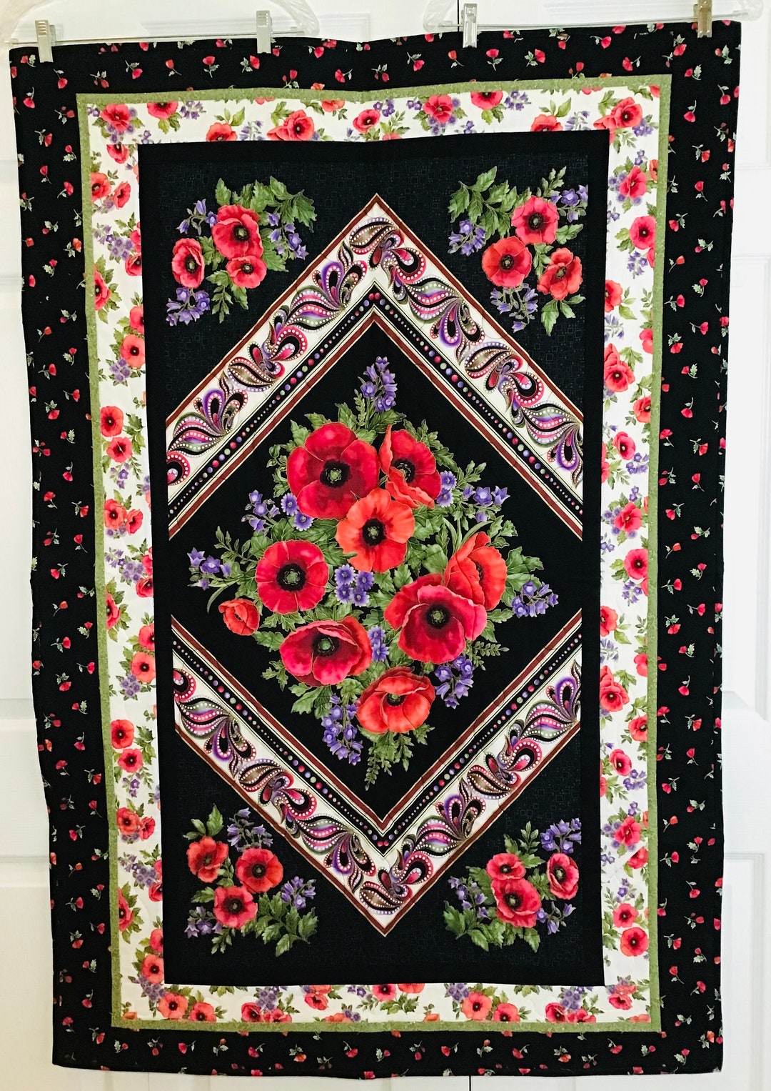 Red Poppies and Foliage Lap Quilt or Wall Hanging 36”x53” - Handmade ...