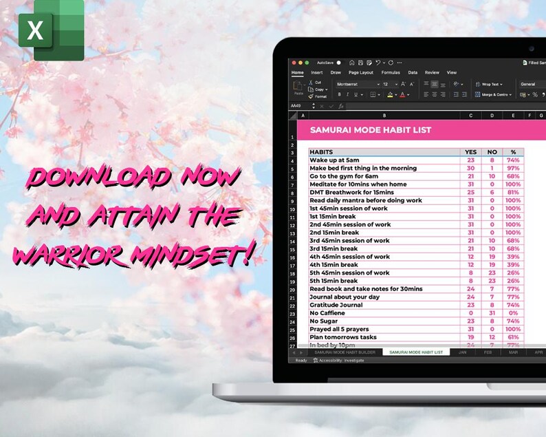 Habit Tracker: Samurai Mode Habit Builder, Microsoft Excel, Excel ...