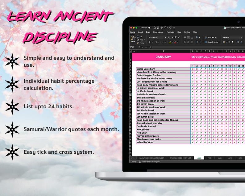 Habit Tracker: Samurai Mode Habit Builder, Microsoft Excel, Excel ...