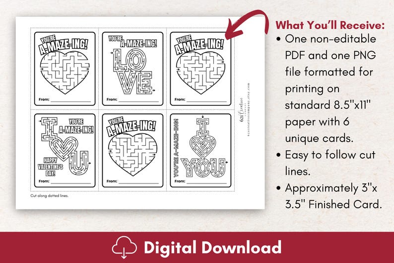 Printable A-maze-ing Valentine's Day Cards for Kids to Color, Set of 6 ...