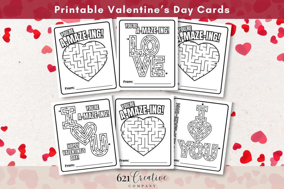 Printable A-maze-ing Valentine's Day Cards for Kids to Color, Set of 6 ...