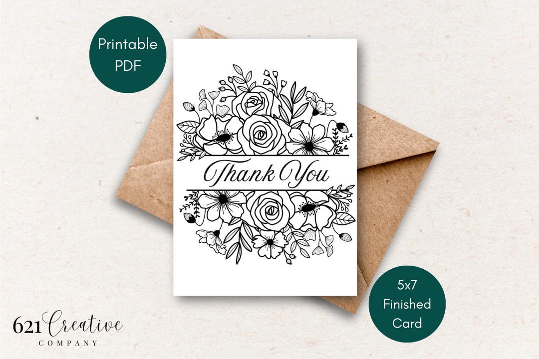 Floral Thank You Card: Colorable DIY Card (PDF & PNG) - Etsy