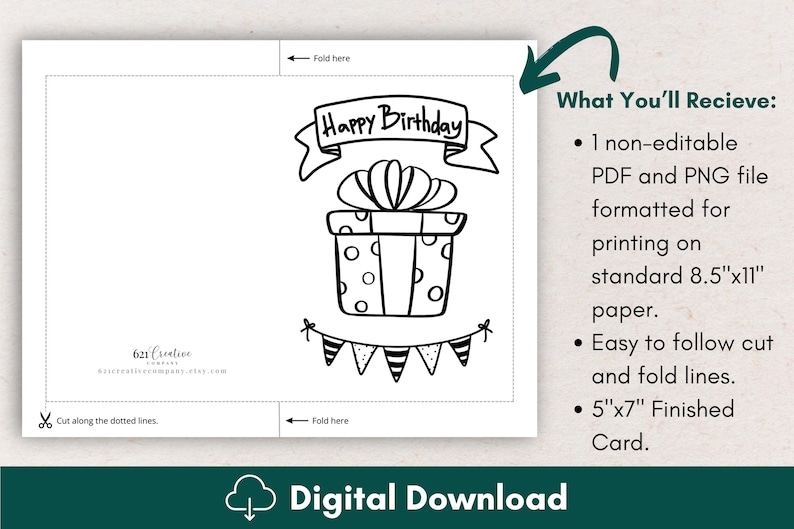 Happy Birthday Card, Printable PDF Card to Color, Digital Download - Etsy