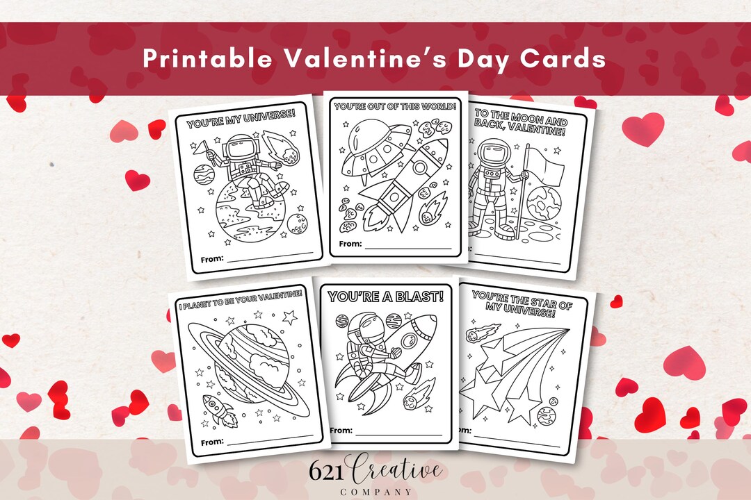 Printable Outer Space Valentine's Day Cards for Kids to Color – Set of ...