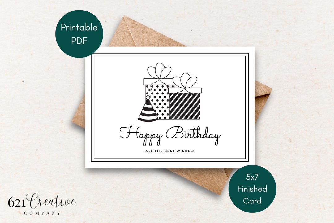 Printable Happy Birthday Card: Black & White Presents, Colorable (PDF ...