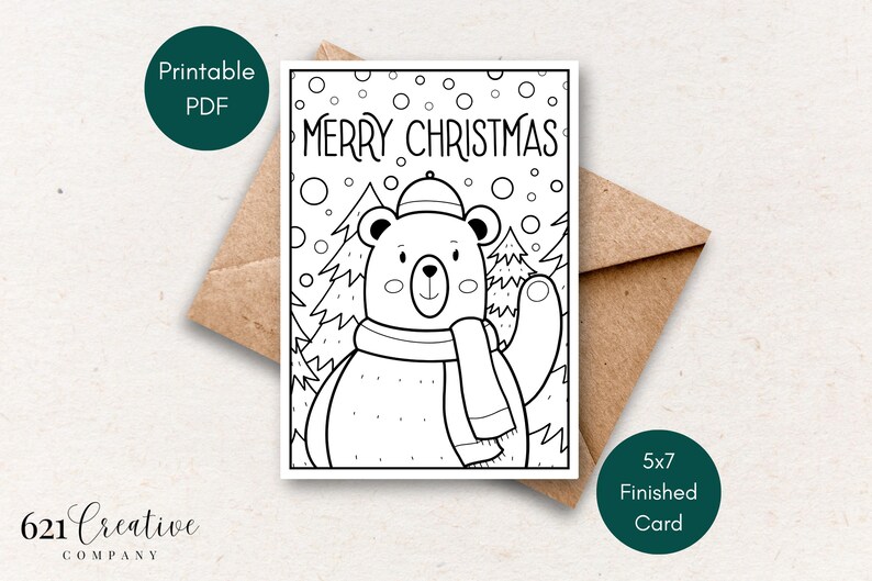 Printable Christmas Card: Colorable Bear Holiday Card (PDF & PNG) - Etsy