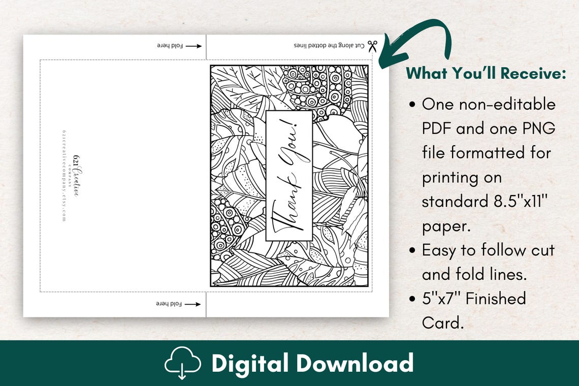 Colorable Thank You Card With Leaves (PDF & PNG) - Etsy