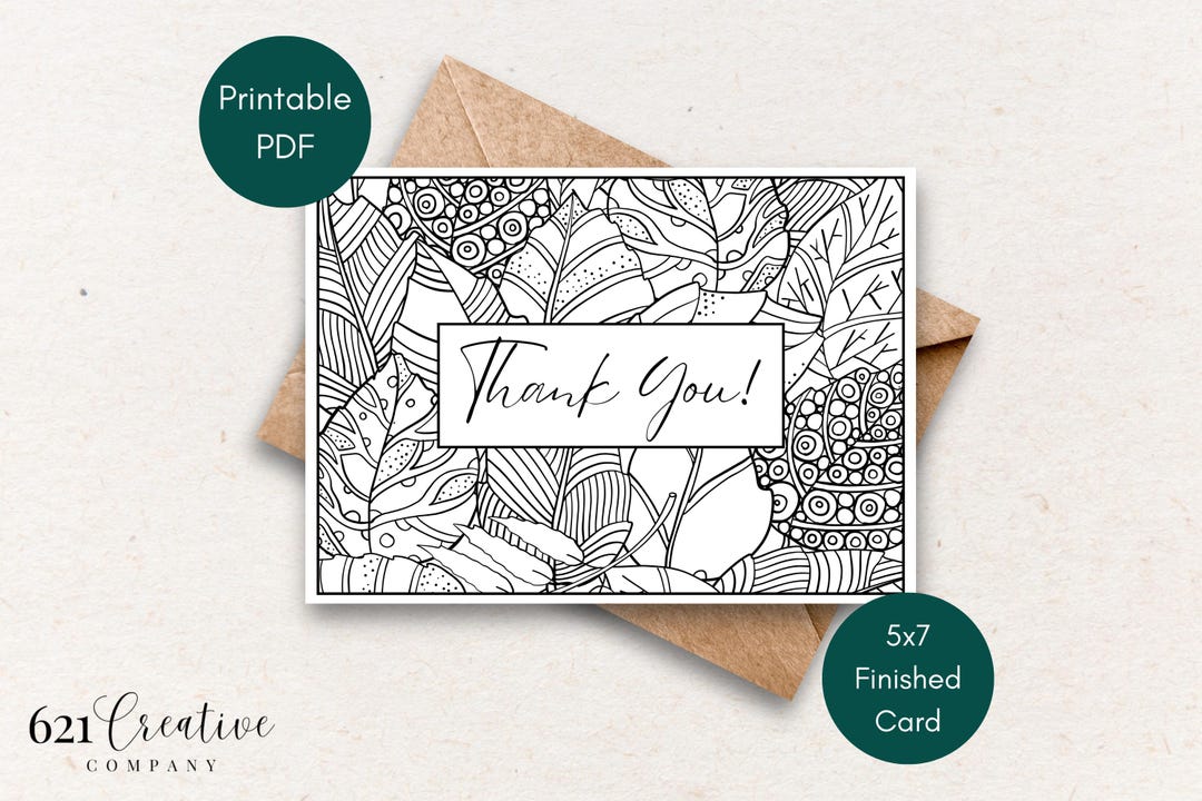 Printable Thank You Card, Colorable Thank You Card With Leaves, Digital ...