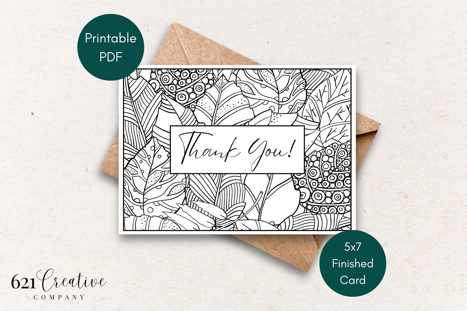Colorable Thank You Card With Leaves (PDF & PNG) - Etsy
