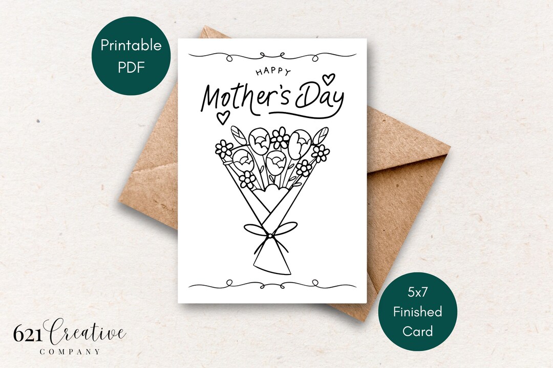 Printable Floral Mother's Day Card for Mom, Colorable, From Kids, DIY ...