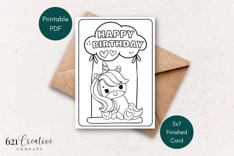 Printable Unicorn Birthday Card for Kids: Colorable 5x7 (PDF) - Etsy